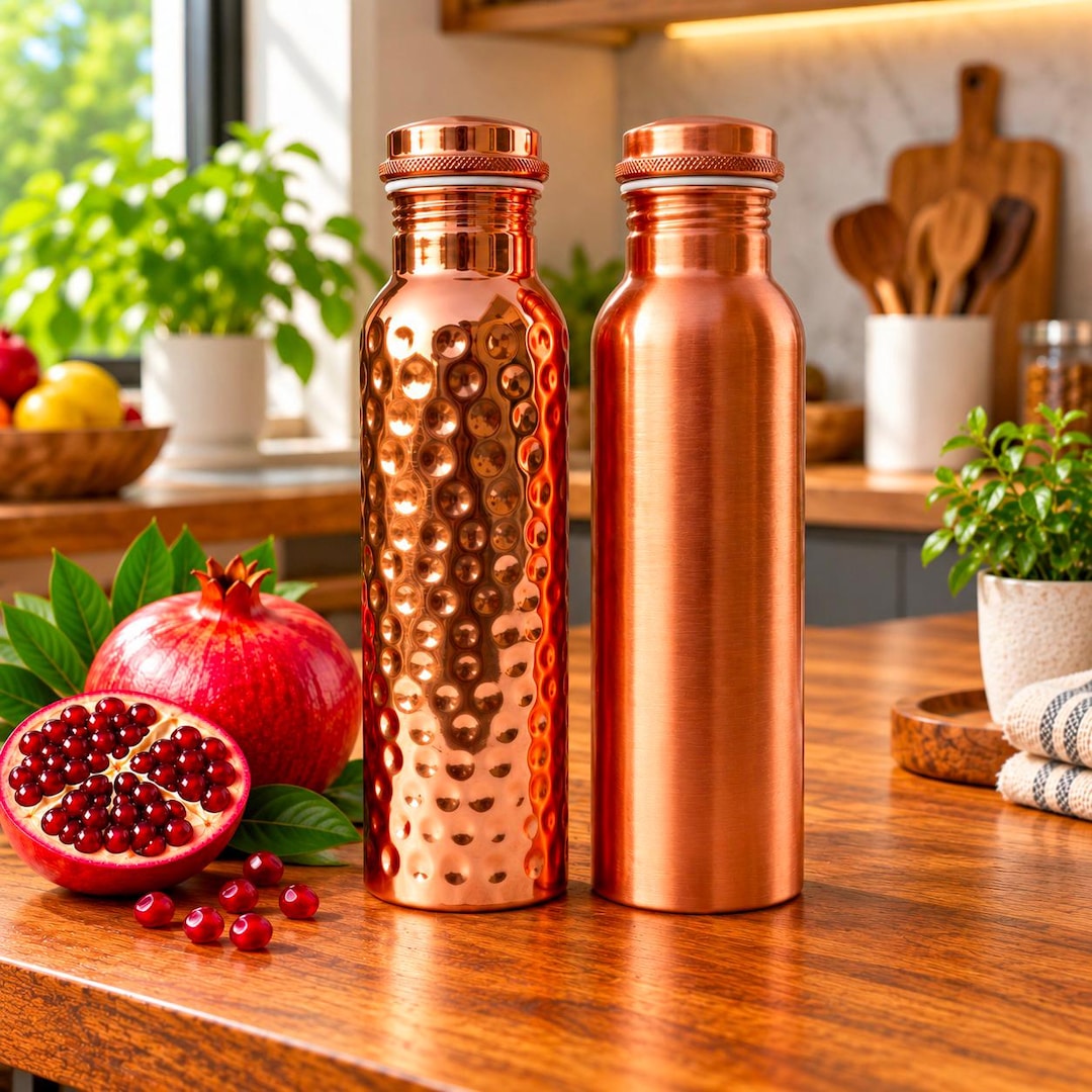 Pure Copper Water Bottles Set of 2, Hammered & Smooth, Ayurvedic ...