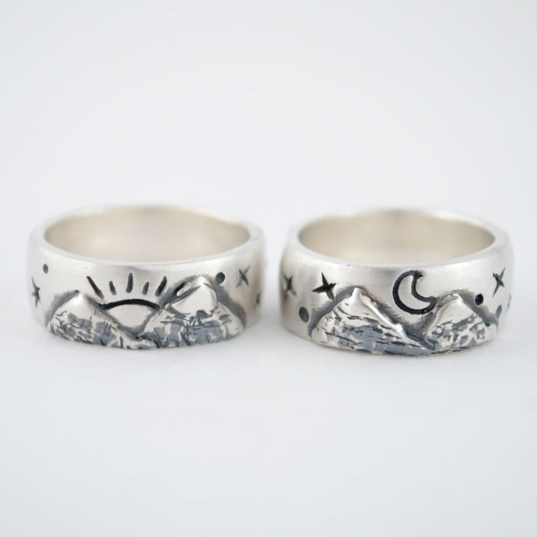 Fantasy Wedding Band, Mountain Engagement Ring, Wide Band Oxidized Ring ...