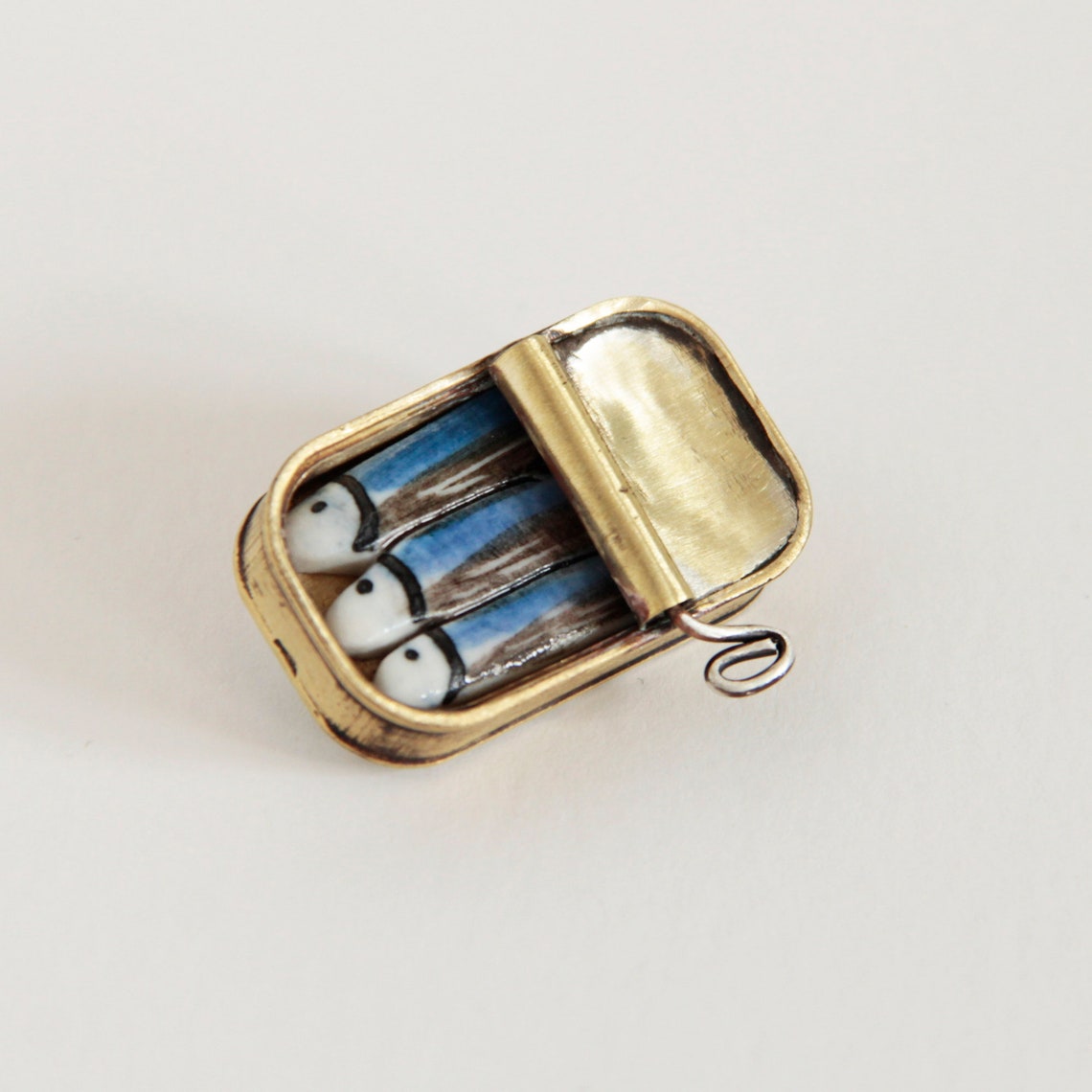 Brass Brooch, SARDINES Tin Can Brooch, Porcelain Fish, Porcelain Brooch ...