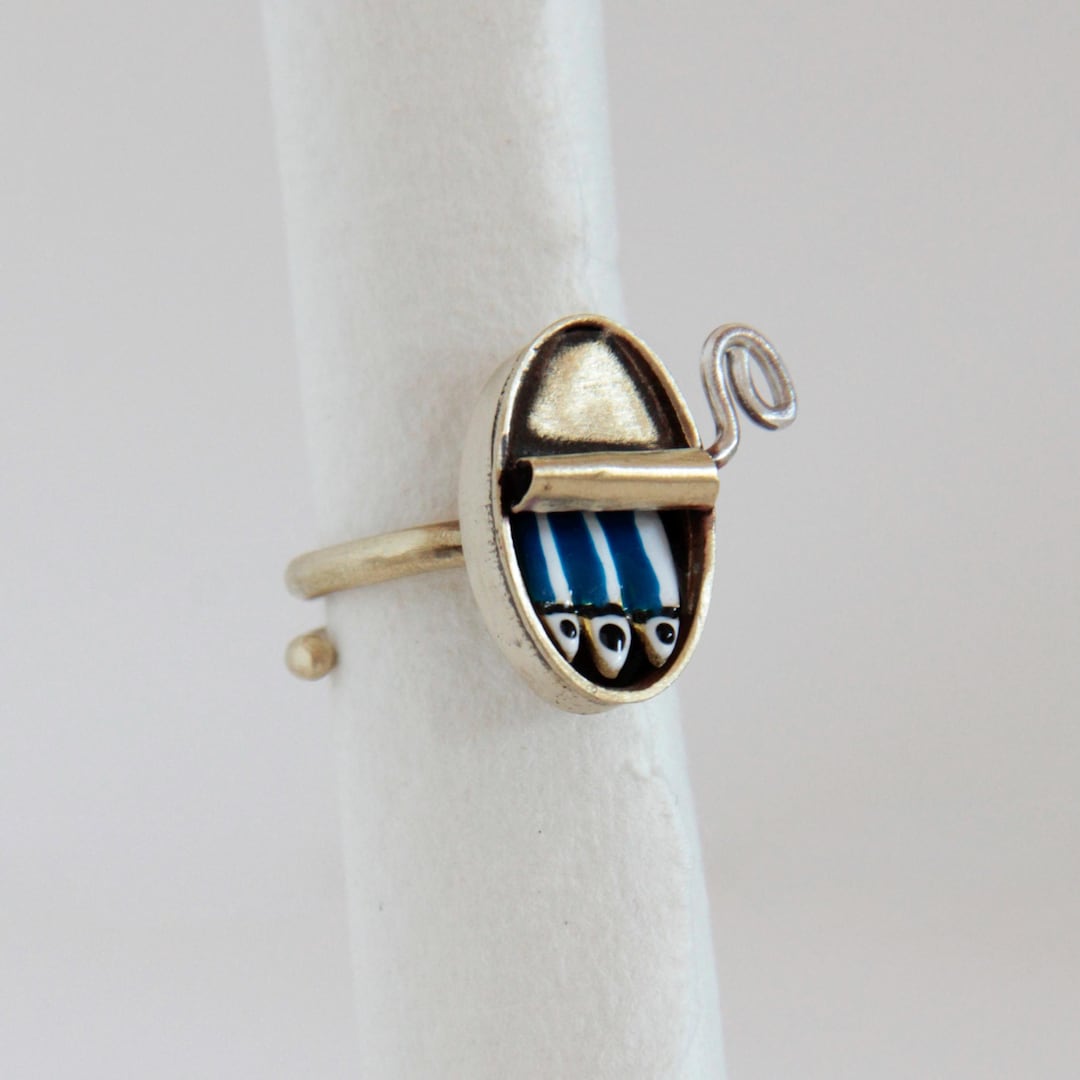 SARDINE CAN RING, Enameled Jewelry, Adjustable Rings, Blue Sardines ...