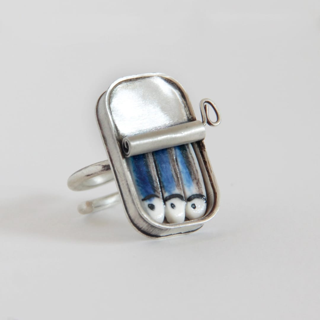 Sterling Silver Ring SARDINE CAN, Porcelain Fish, Fun Ring, Very Large ...