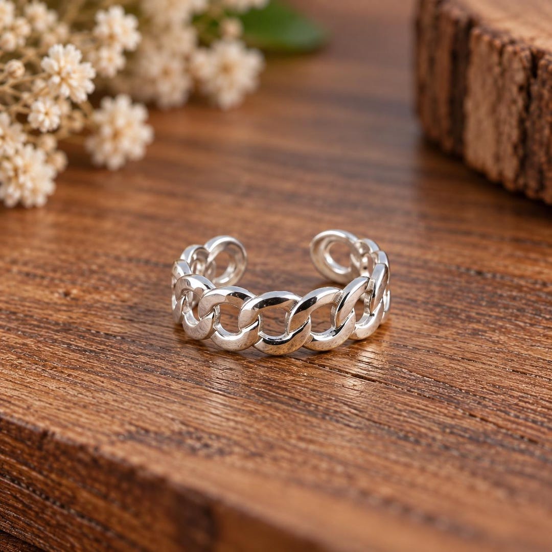 Sterling Silver Chain Link Ring, Textured Open Band, Minimalist Boho ...