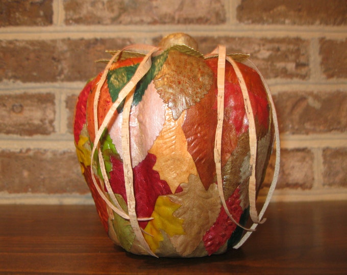 Autumn Leaves Decoupage Paper Mache Pumpkin With Tree Bark Ribbon - Etsy