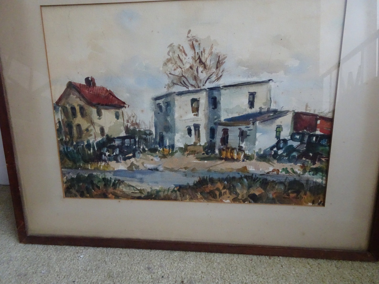 1937 Listed DAVID SHAW California Watercolor Builldings and Old Cars on ...