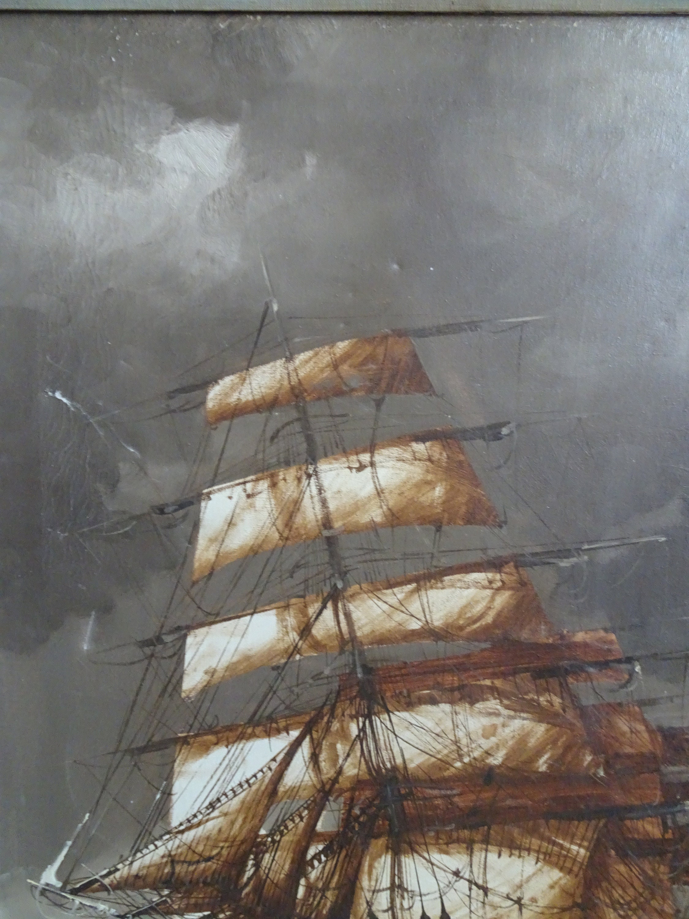 Full Rigger Ship With Tall Mast and Sails Under Dark Sky on Wind Blown ...