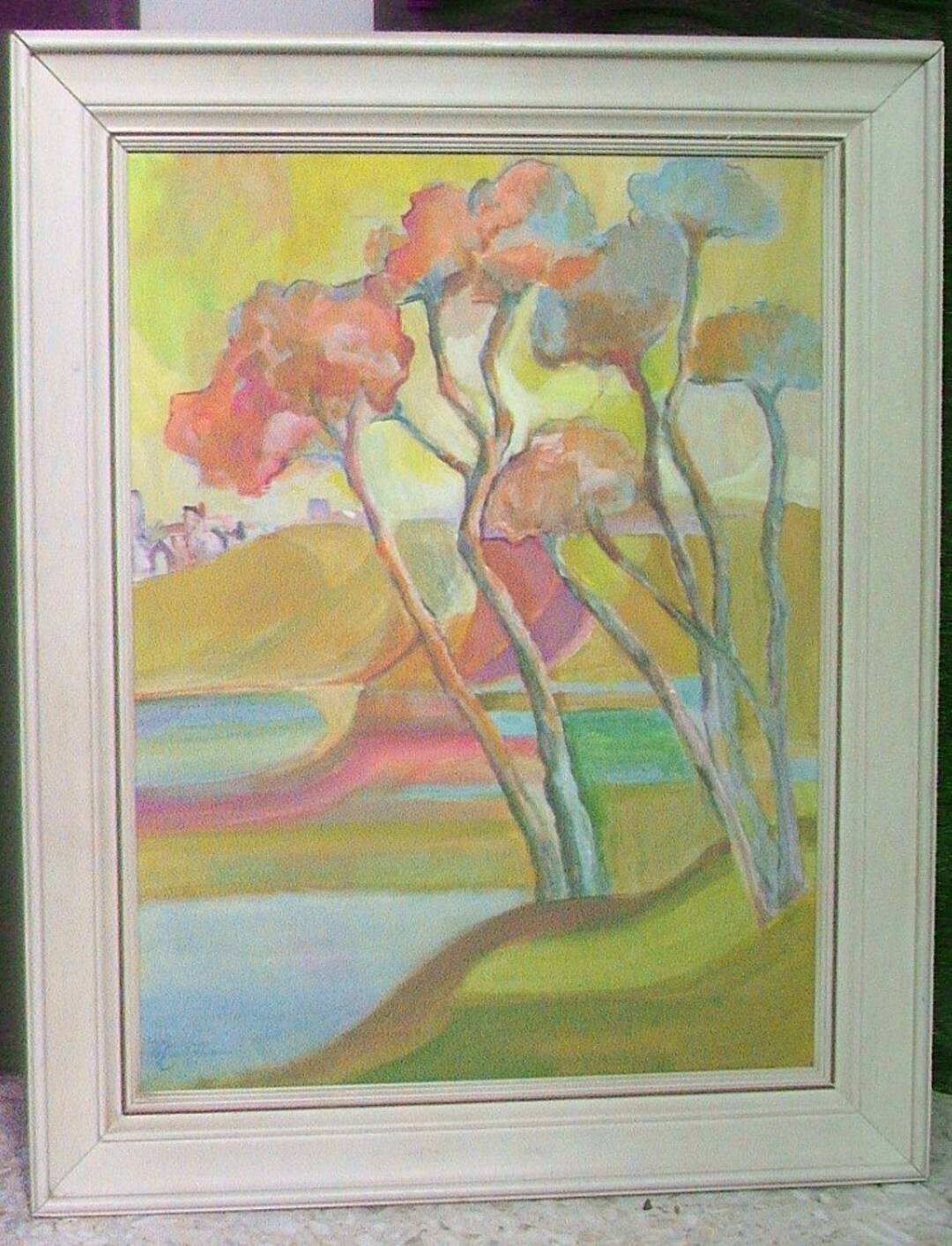 FAUVIST STYLE Colorful Hillside Trees and Town Overlooking Lake or ...