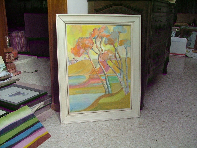 FAUVIST STYLE Colorful Hillside Trees and Town Overlooking Lake or ...