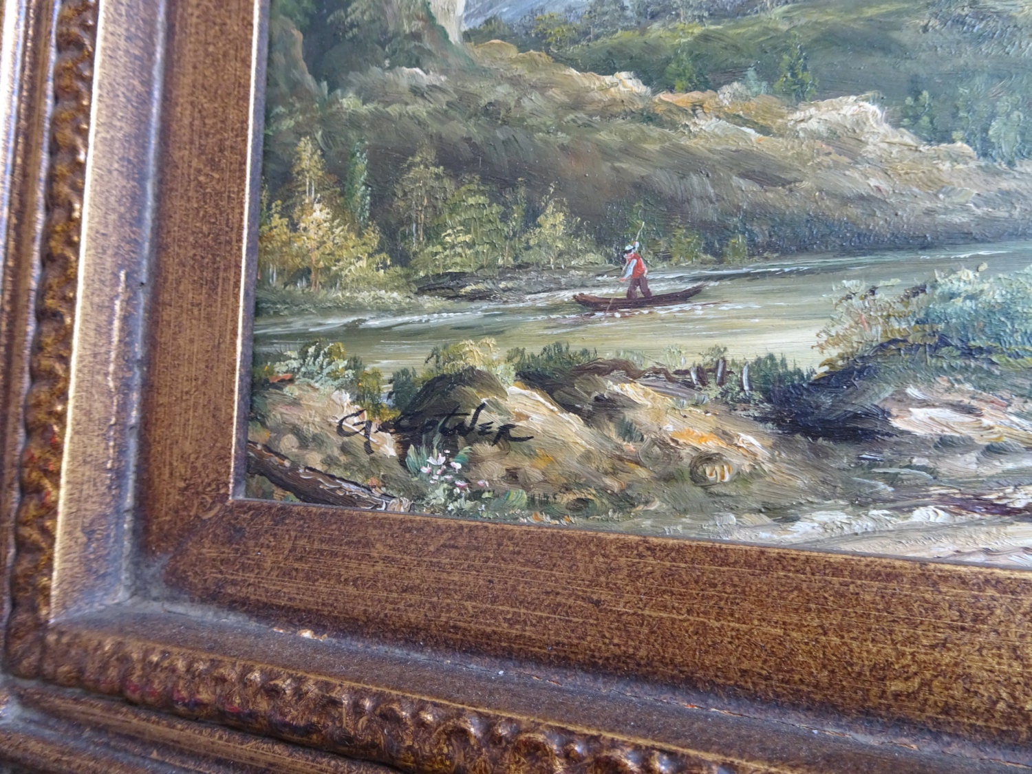 COTNER Classic British Looking Painting Man and Boy on Path Near River ...