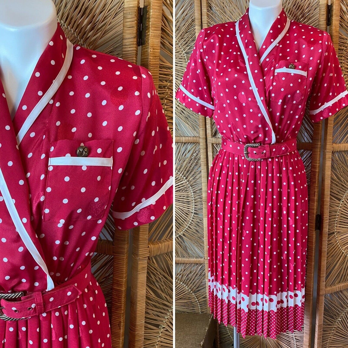 Vintage 80s Does 30s Red Satin Polka Dot Pleated Pajamas Dress - Etsy