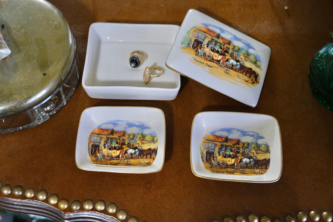 Vintage English Set of 3 Fine China Dickens Days Trinket Box 2 Trays ...