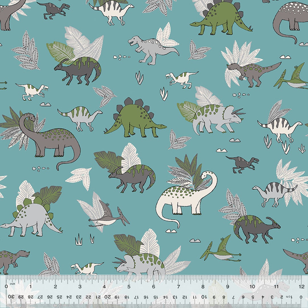 Flannel 'dino Doodles' on Solid Turquoise by the Half-yard and Yard 100 ...