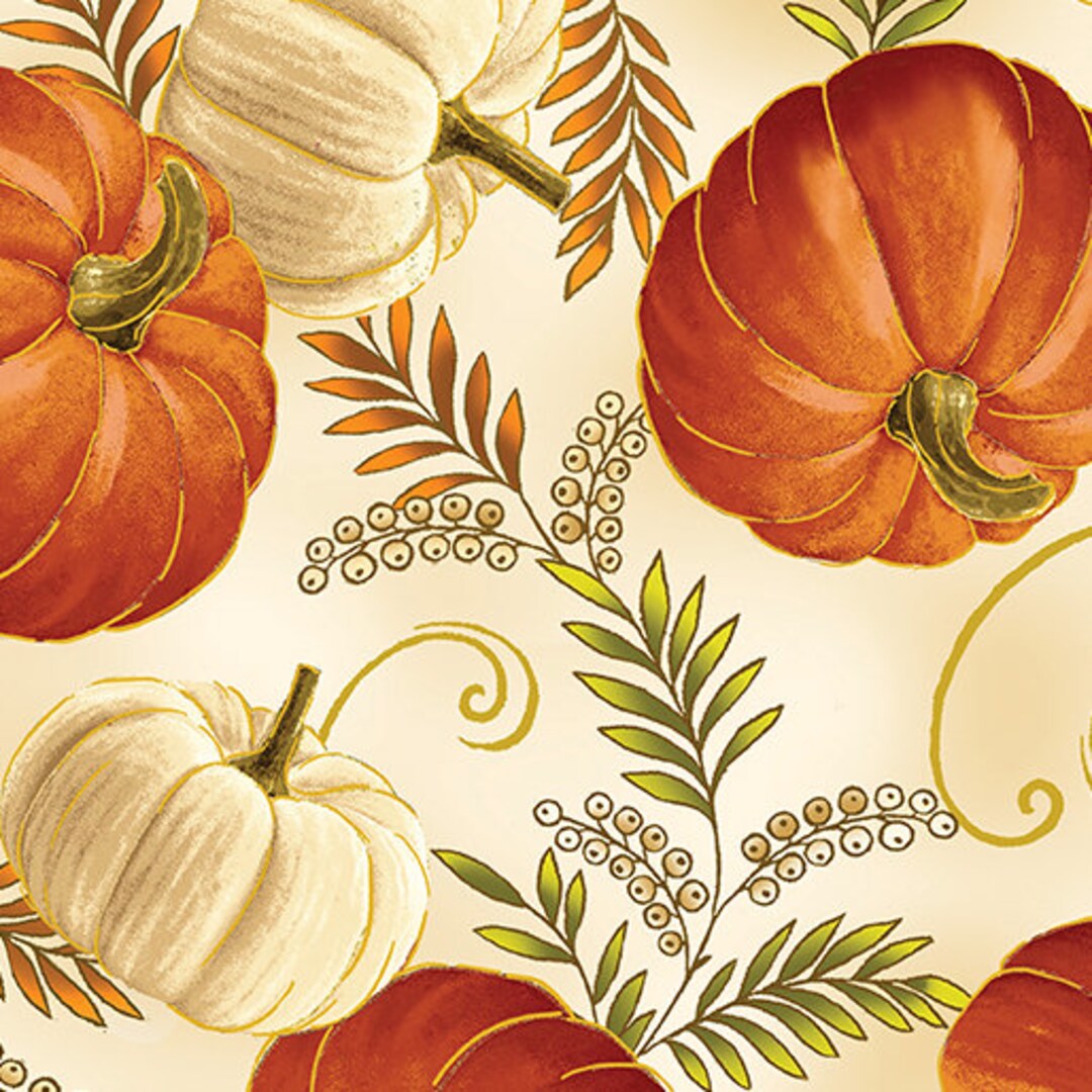Flannel pumpkin Harvest Pumpkins in Ivory, Flame and Green on Cream by ...
