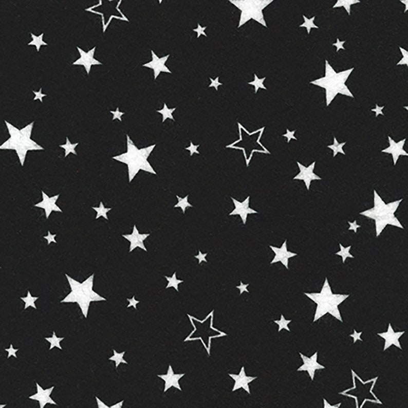 Flannel Cozy Cotton White Stars Fabric on Black by the Yard and Half ...