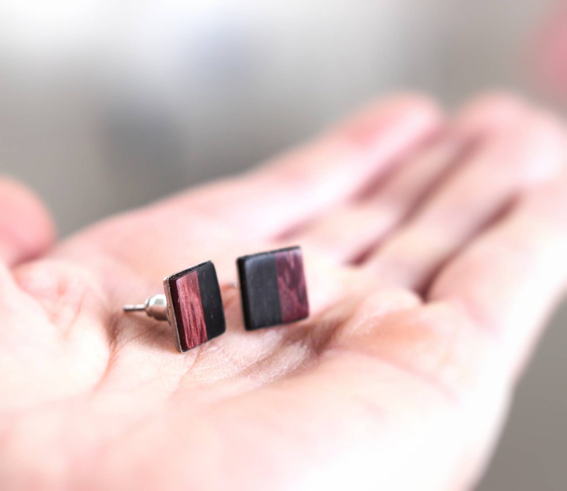 Exotic Wood Stud Earrings for Men Square Wooden Studs Modern | Etsy