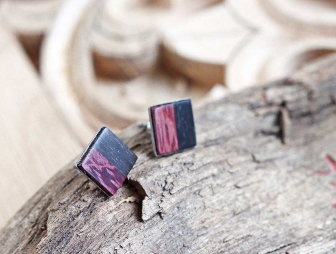 Exotic Wood Stud Earrings for Men Square Wooden Studs Modern | Etsy