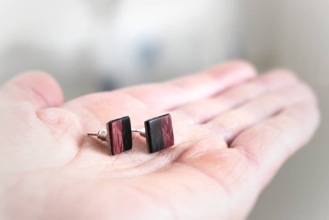 Exotic Wood Stud Earrings for Men Square Wooden Studs Modern | Etsy