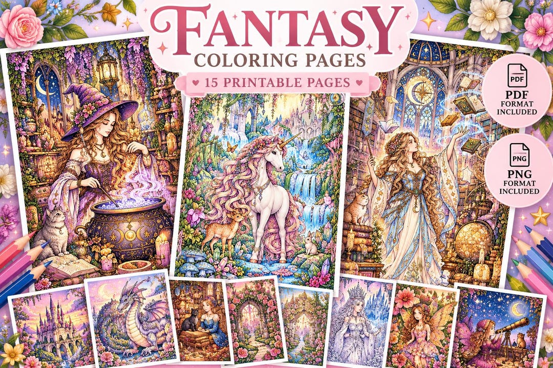 15 Fantasy Coloring Pages Printable | Princess, Unicorn, Dragon, Witch ...