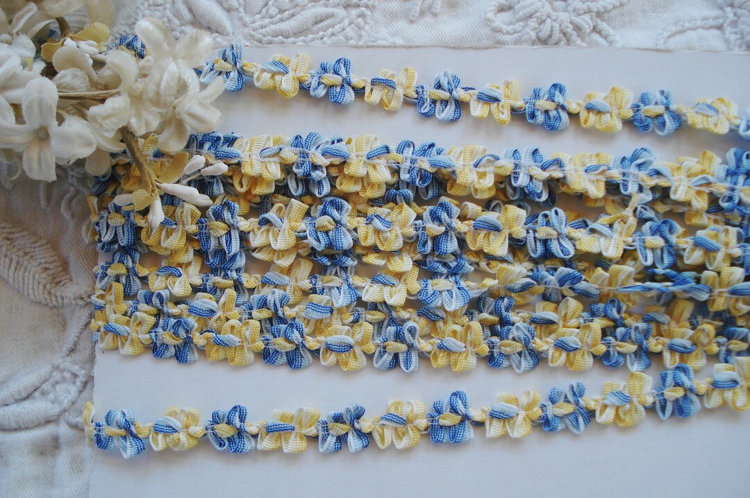 23" Vintage French Ombre Denim Blue Yellow Rococo Rosette Ribbon Work ...