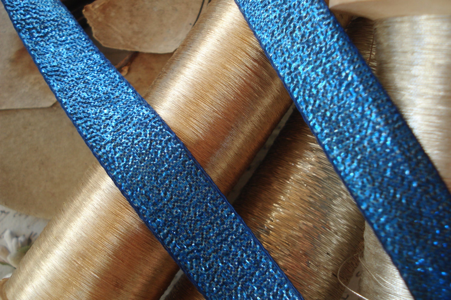 1y Vintage Metallic Blue Lurex Tinsel Metallic Rayon Woven Florists ...