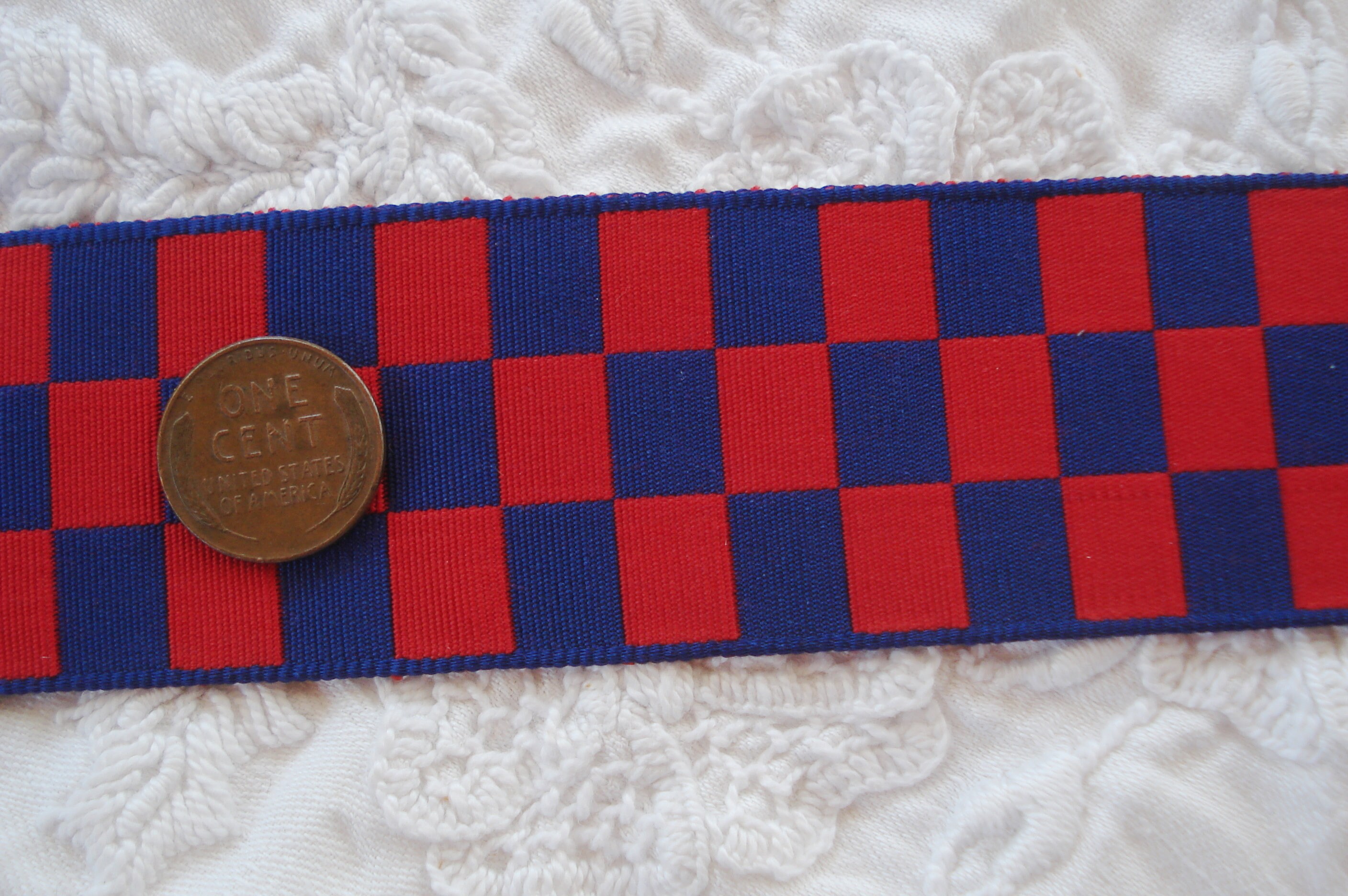 1y Vintage French 1 1/2" Red Blue Check Stripe Plaid English Police ...
