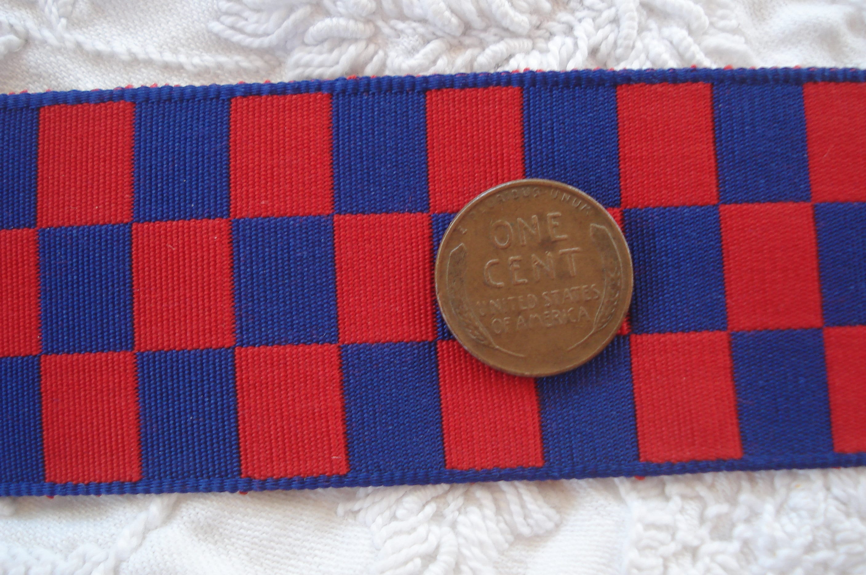 1y Vintage French 1 1/2" Red Blue Check Stripe Plaid English Police ...