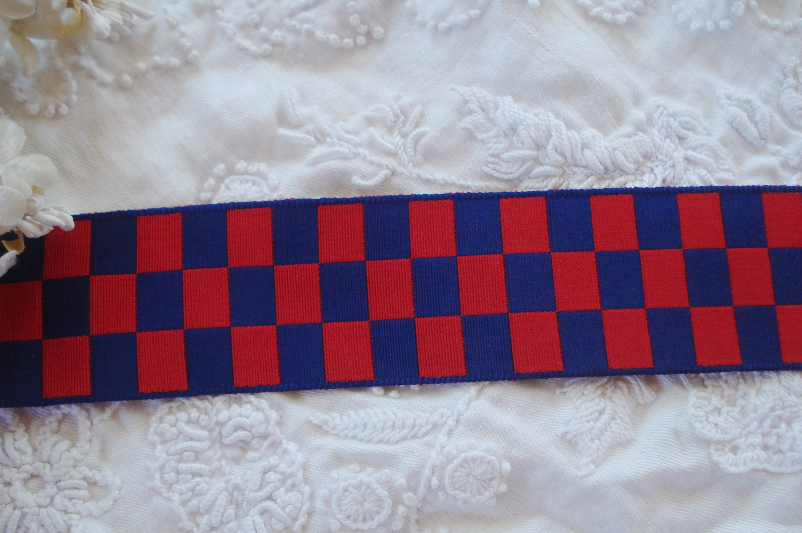 1y Vintage French 1 1/2" Red Blue Check Stripe Plaid English Police ...