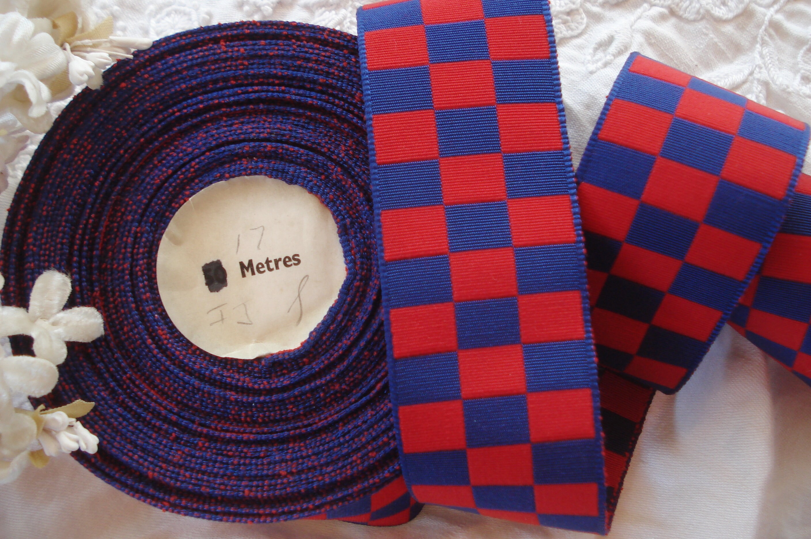 1y Vintage French 1 1/2" Red Blue Check Stripe Plaid English Police ...