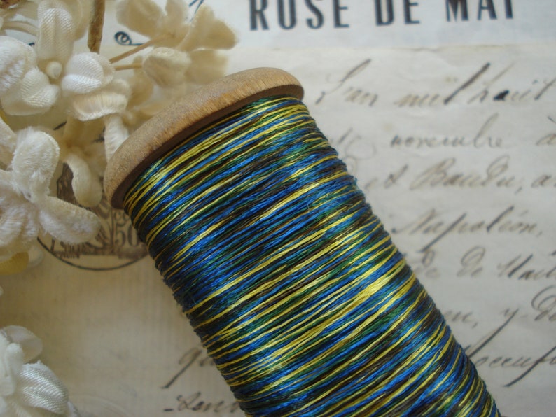 1 Large Antique French Wood Spool Ombre Blue Yellow Brown Green Silk ...
