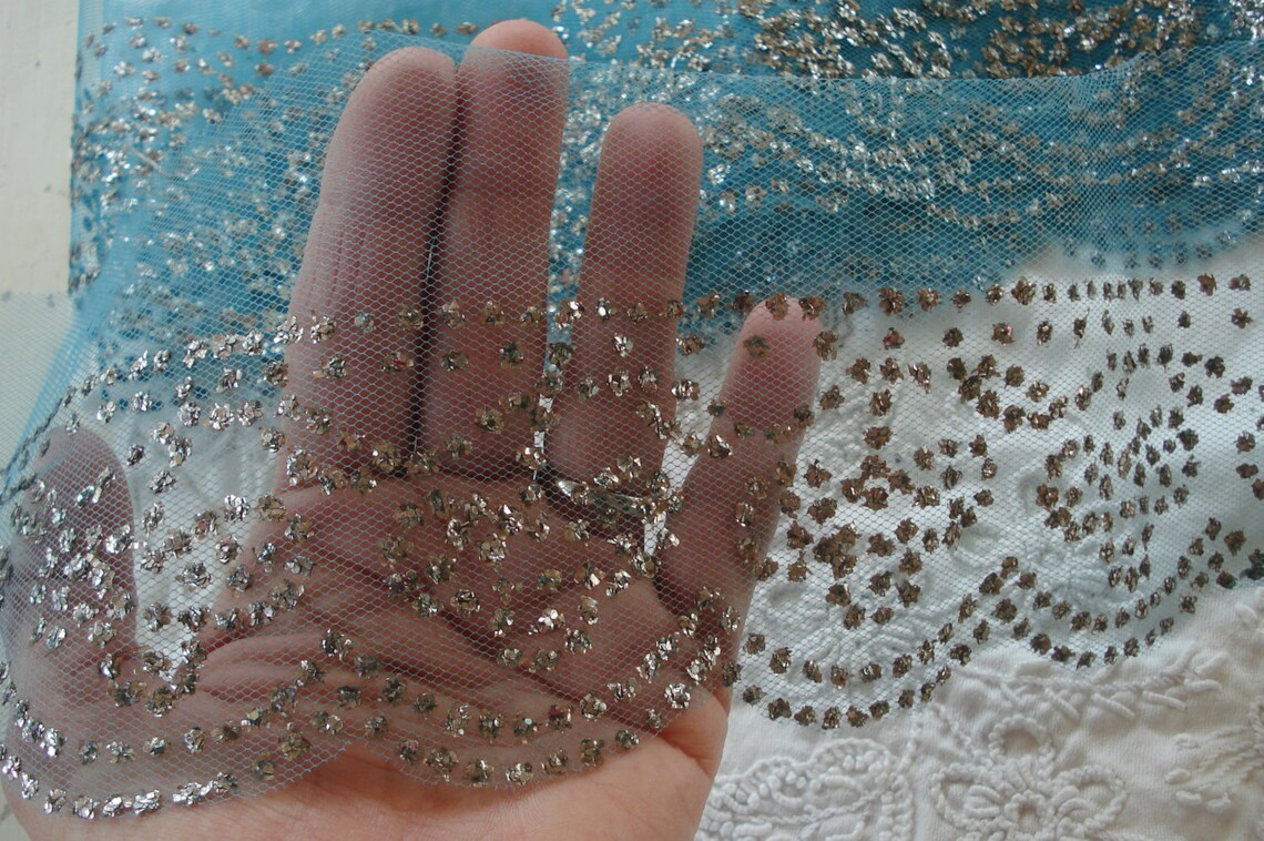 18" Antique French Silver Glittered Ocean Blue Tulle Net Lace Flapper ...