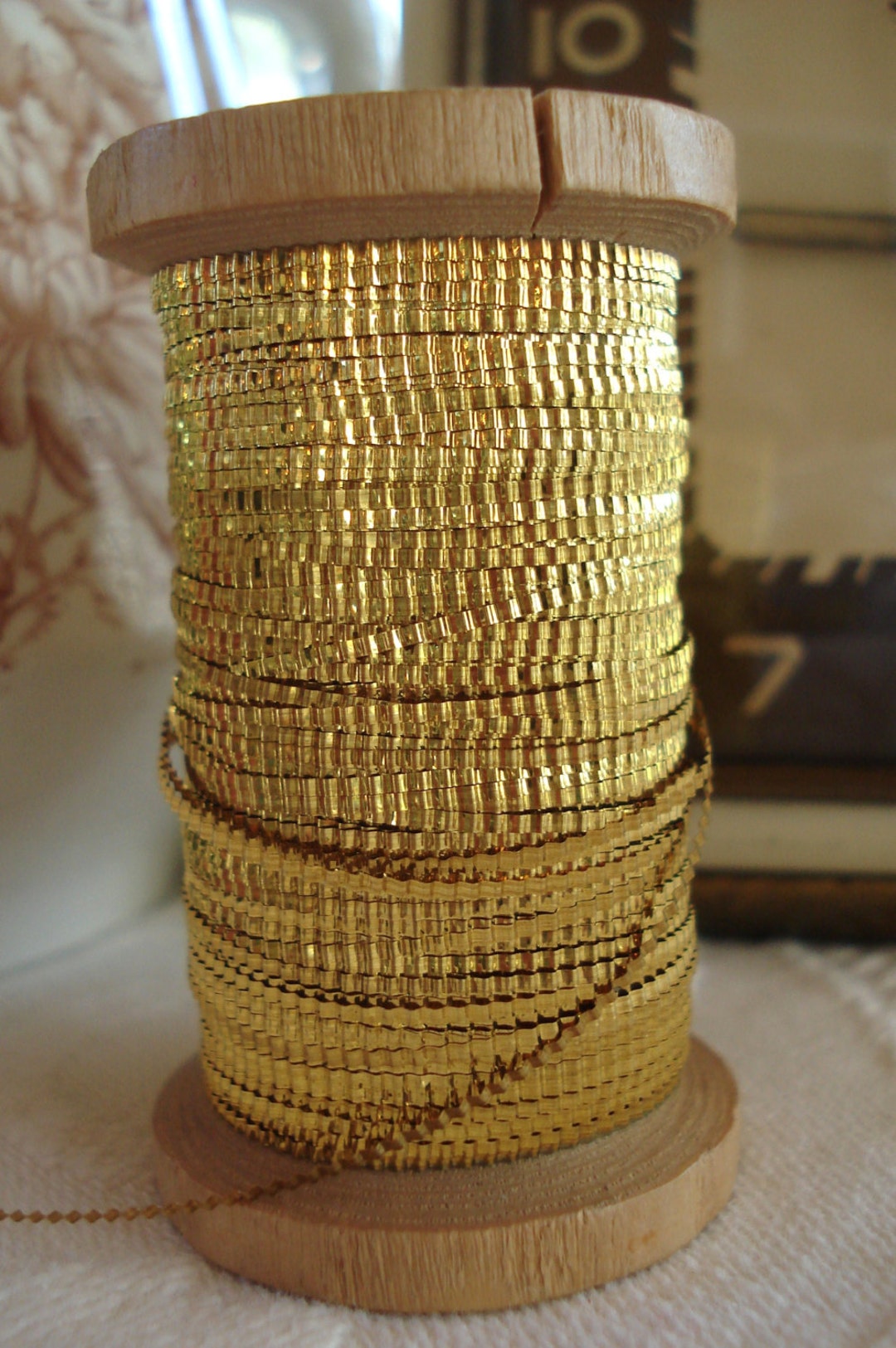 1y Antique French 1/16" Gold All Metal Crimped Flat Metallic Embroidery ...
