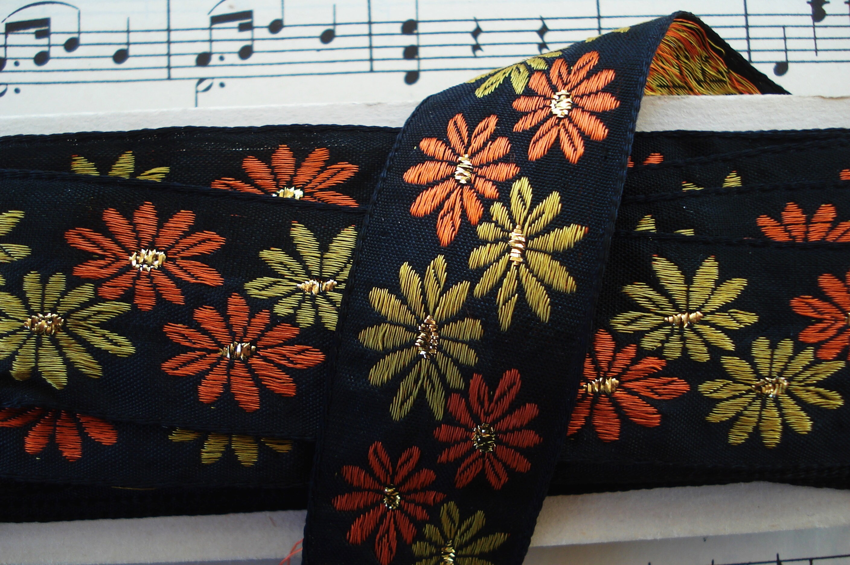 1y Vintage French 1 Rust Orange Gold Black Embroidered | Etsy