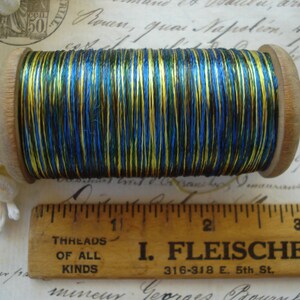 1 Large Antique French Wood Spool Ombre Blue Yellow Brown Green Silk ...