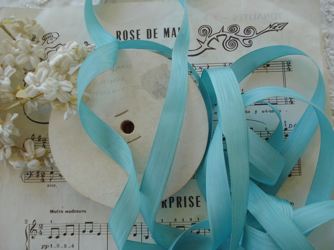 2y Vintage 5/8" Shabby Aqua Moire Watermark Ribbon Trim Edwardian ...