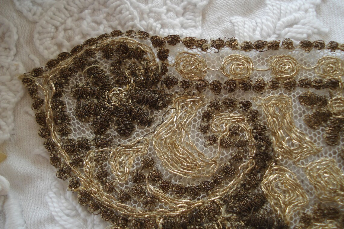 Antique C1920's French Gold Metallic Metal Thread Floral Applique ...