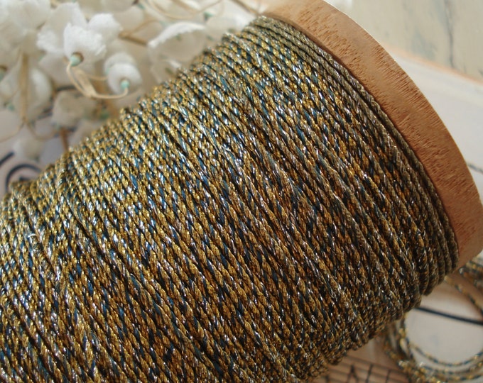 1y Antique Vintage French 1920s Gold Blue & Silver Metal Metallic Twist ...