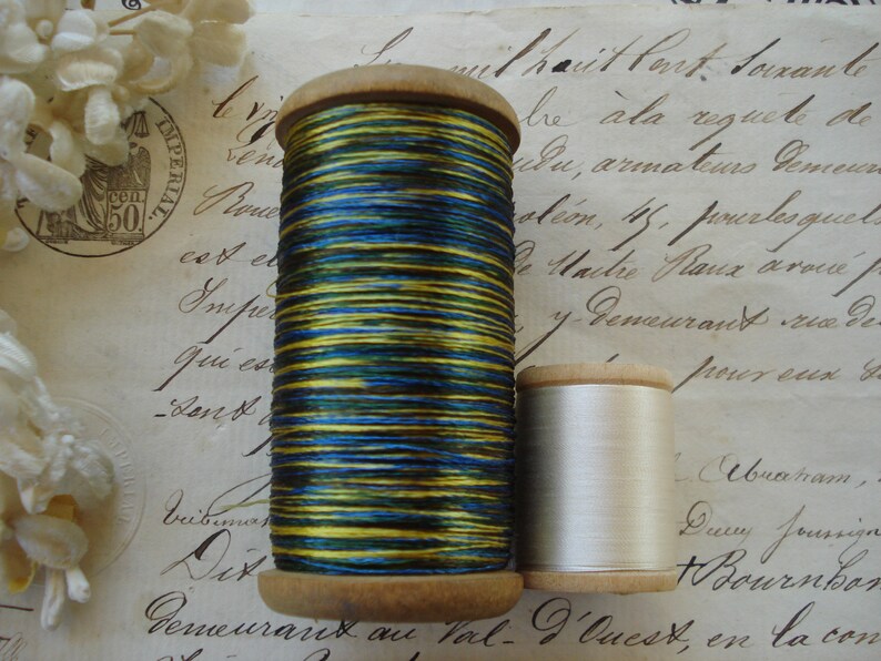 1 Large Antique French Wood Spool Ombre Blue Yellow Brown Green Silk ...