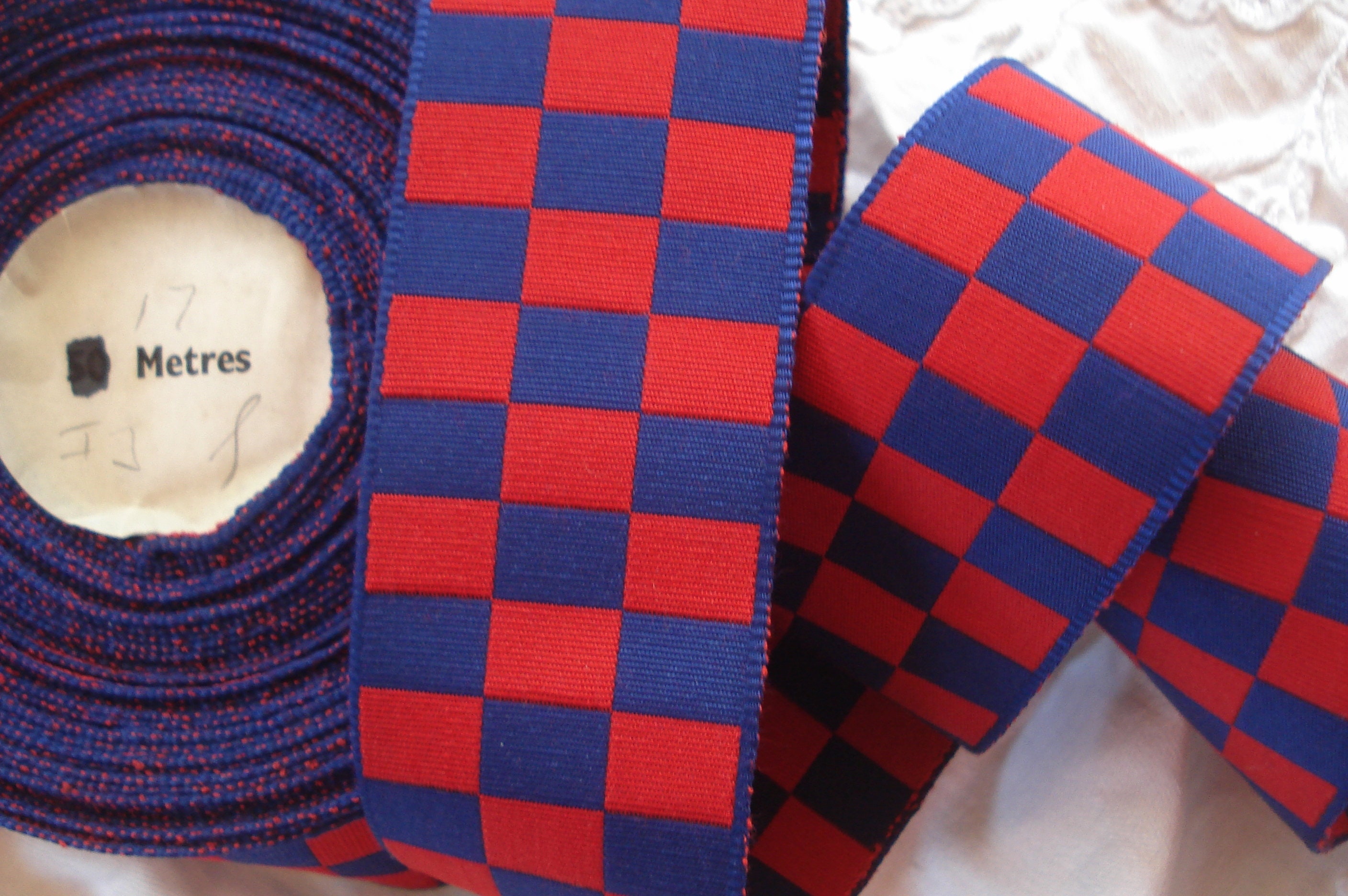 1y Vintage French 1 1/2" Red Blue Check Stripe Plaid English Police ...
