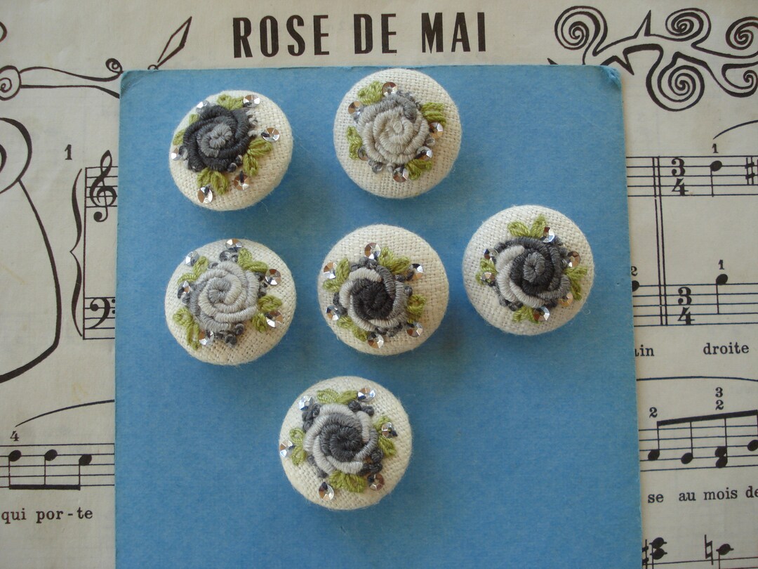 6 Ombre Gray Handmade Embroidered Flower Buttons Vintage Doll Dress ...