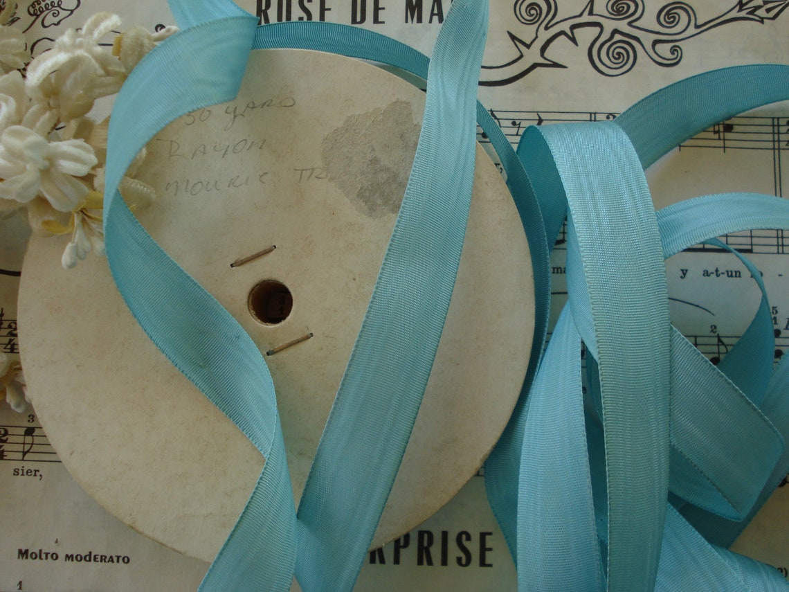 2y Vintage 5/8" Shabby Aqua Moire Watermark Ribbon Trim Edwardian ...