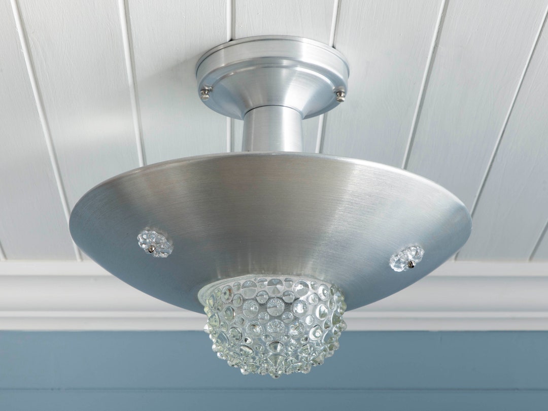Vintage MCM Rewired 3-chain Flush Mount Ceiling Light Fixture Aluminum ...