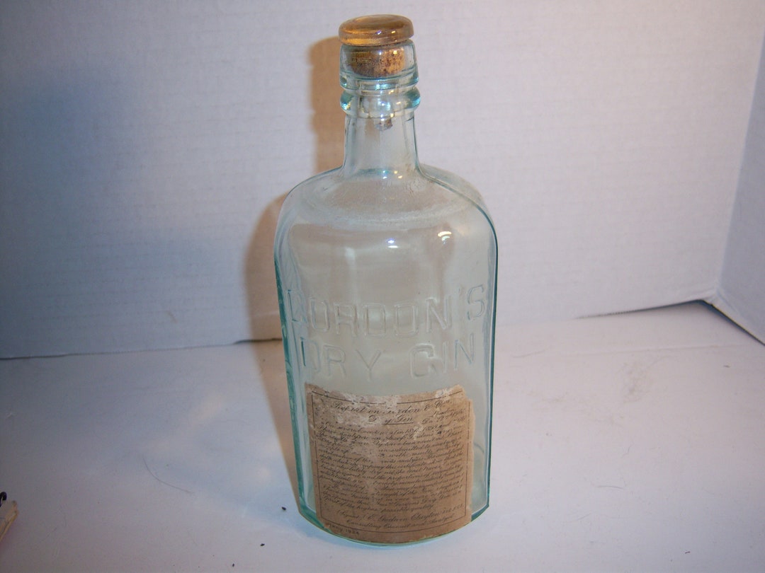PA1 1920's Gordon's Dry Gin London England 8 5/8 Inch Aqua Liquor Whiskey Bottle With Paper ...