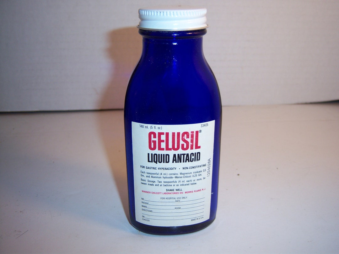KH - 1950's Gelusil Liquid Antacid 5 3/8 Inch EMPTY Cobalt Blue ...