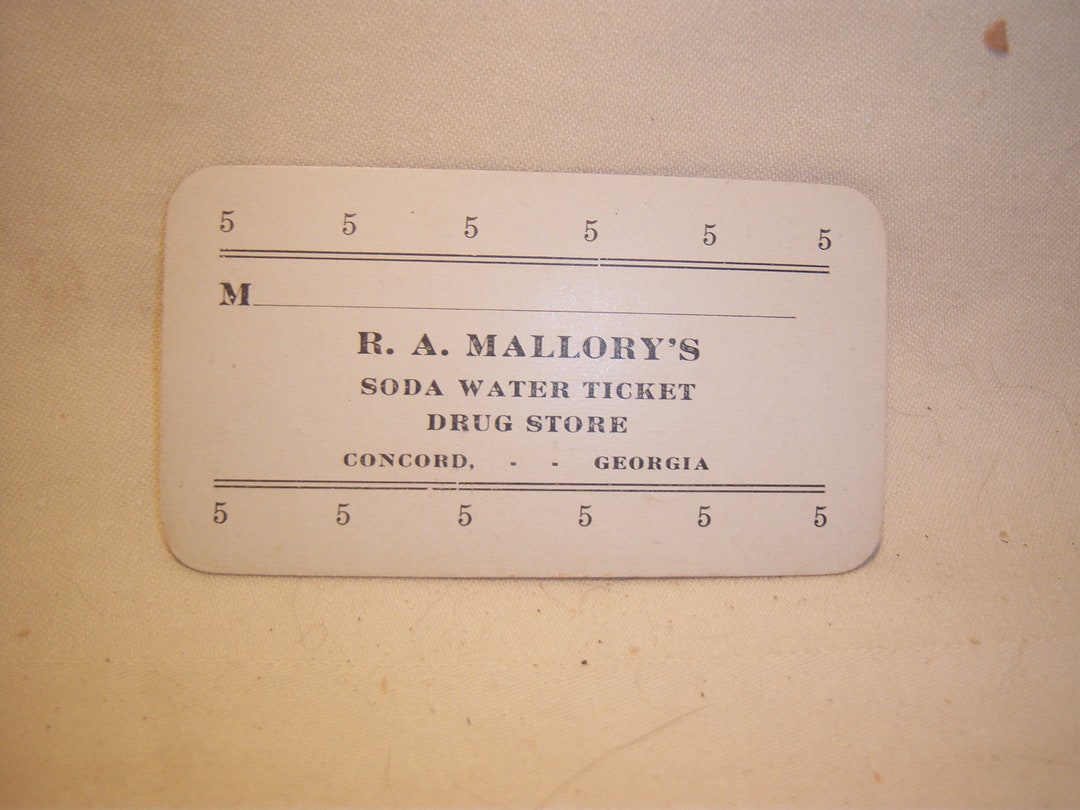 1920's RA Mallory's Soda Water Ticket Concord Georgia Card Ephemera ...
