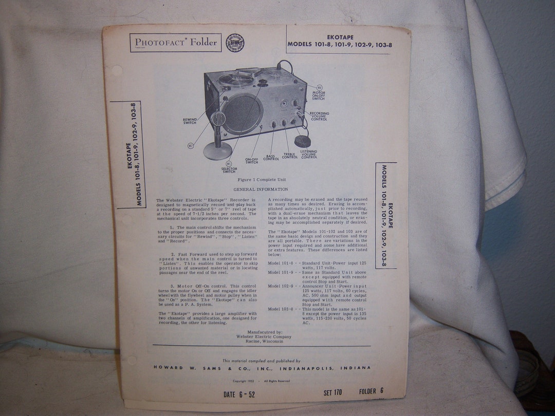 1950's Howard Sams EKOTAPE Model 101-8 101-9 102-9 103-8 Recorder Radio ...