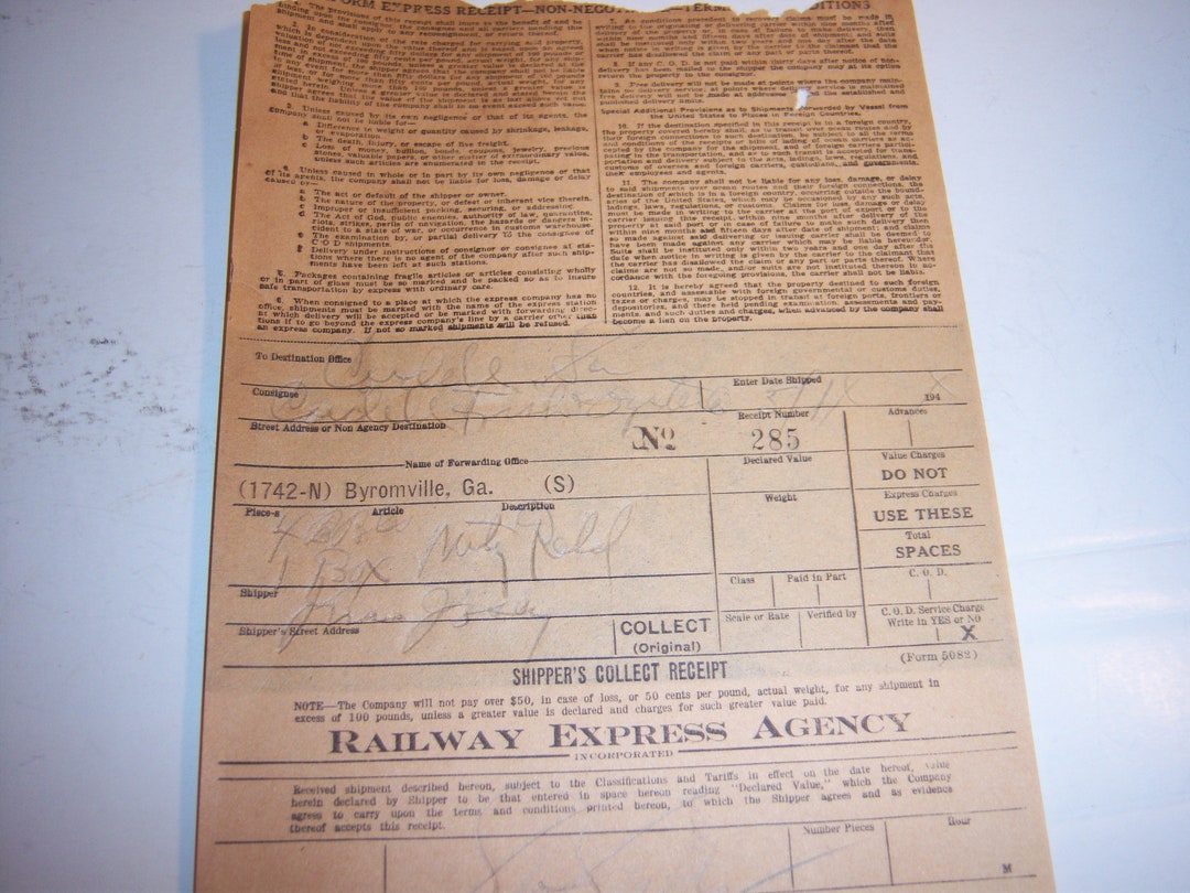 MI 1940's Railway Express Agency Receipt JM Josey Byromville Ga Paper ...