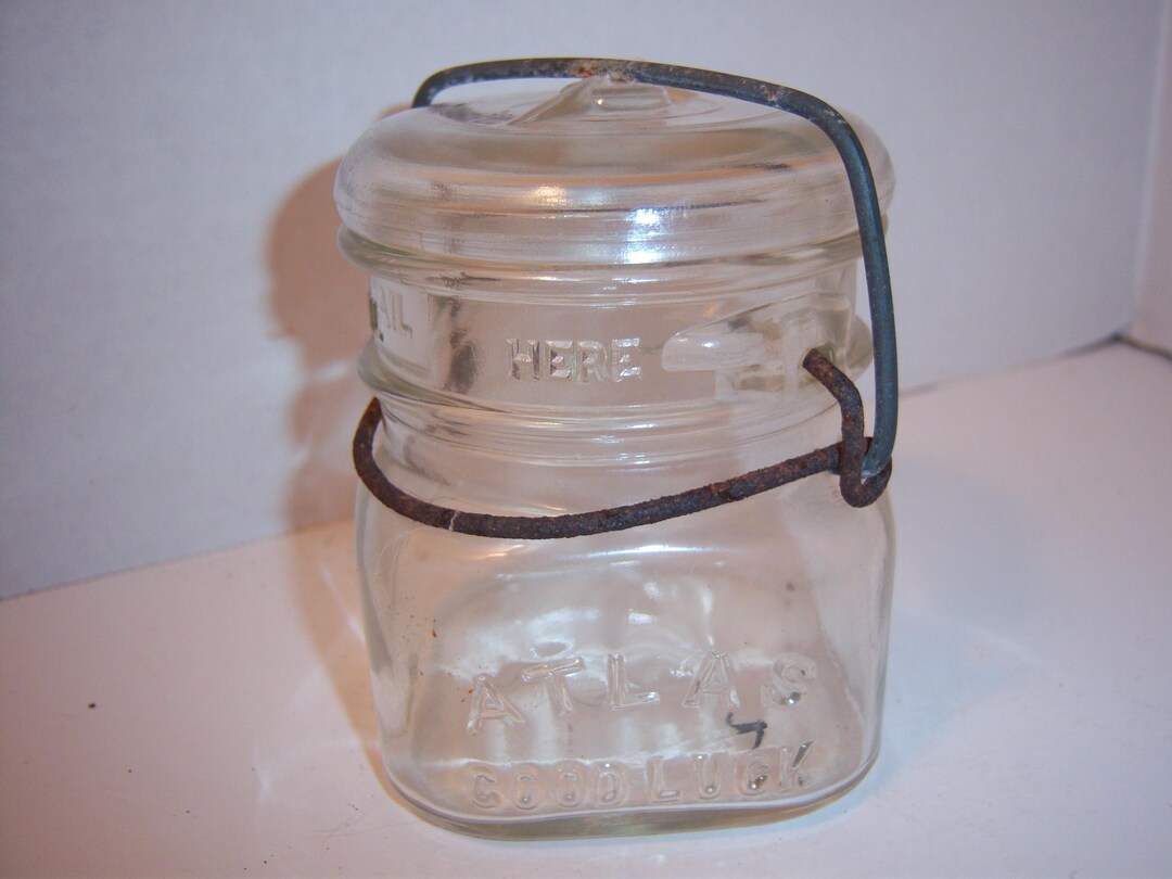KS1 1920's Atlas Good Luck Clear 1/2 Pint 4 3/8 Inch Tall Fruit Canning ...