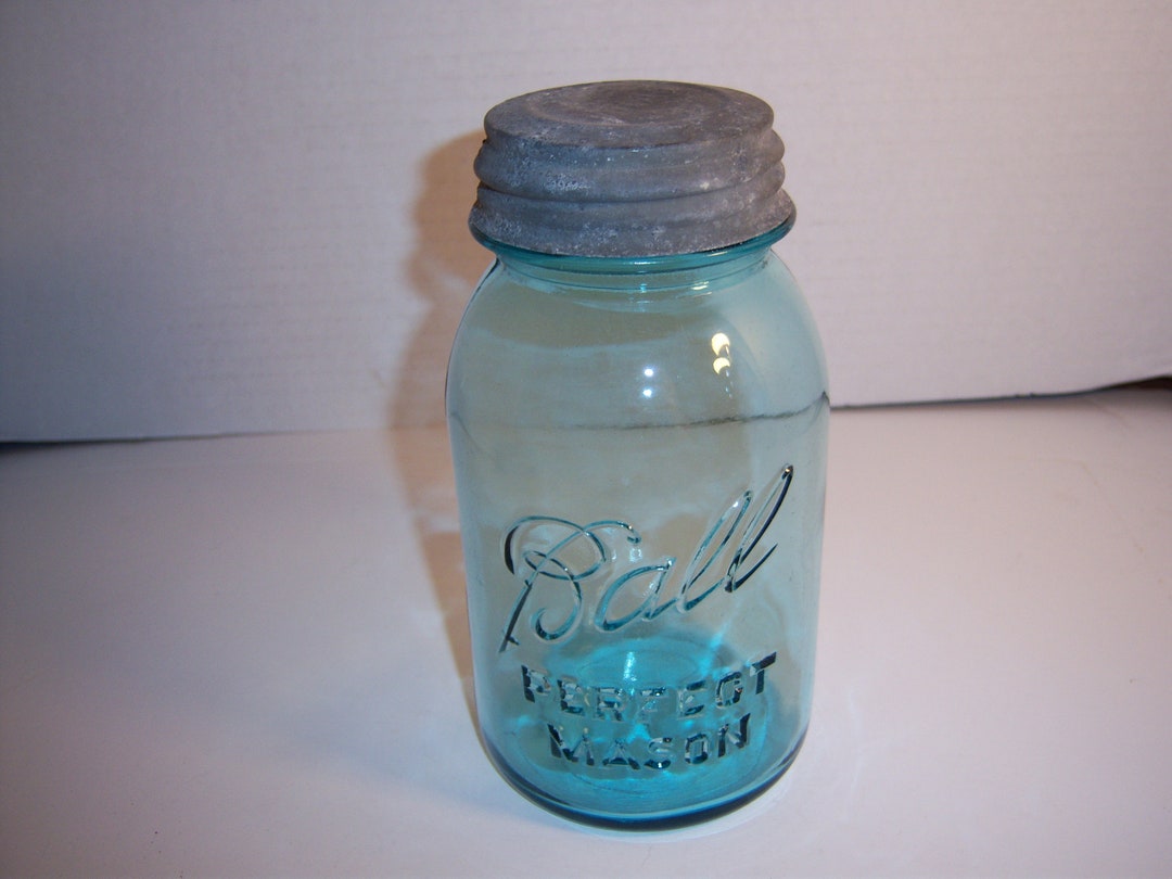 1920's Ball Perfect Mason Ball Blue Quart Fruit 7 Inch Tall Canning Jar ...
