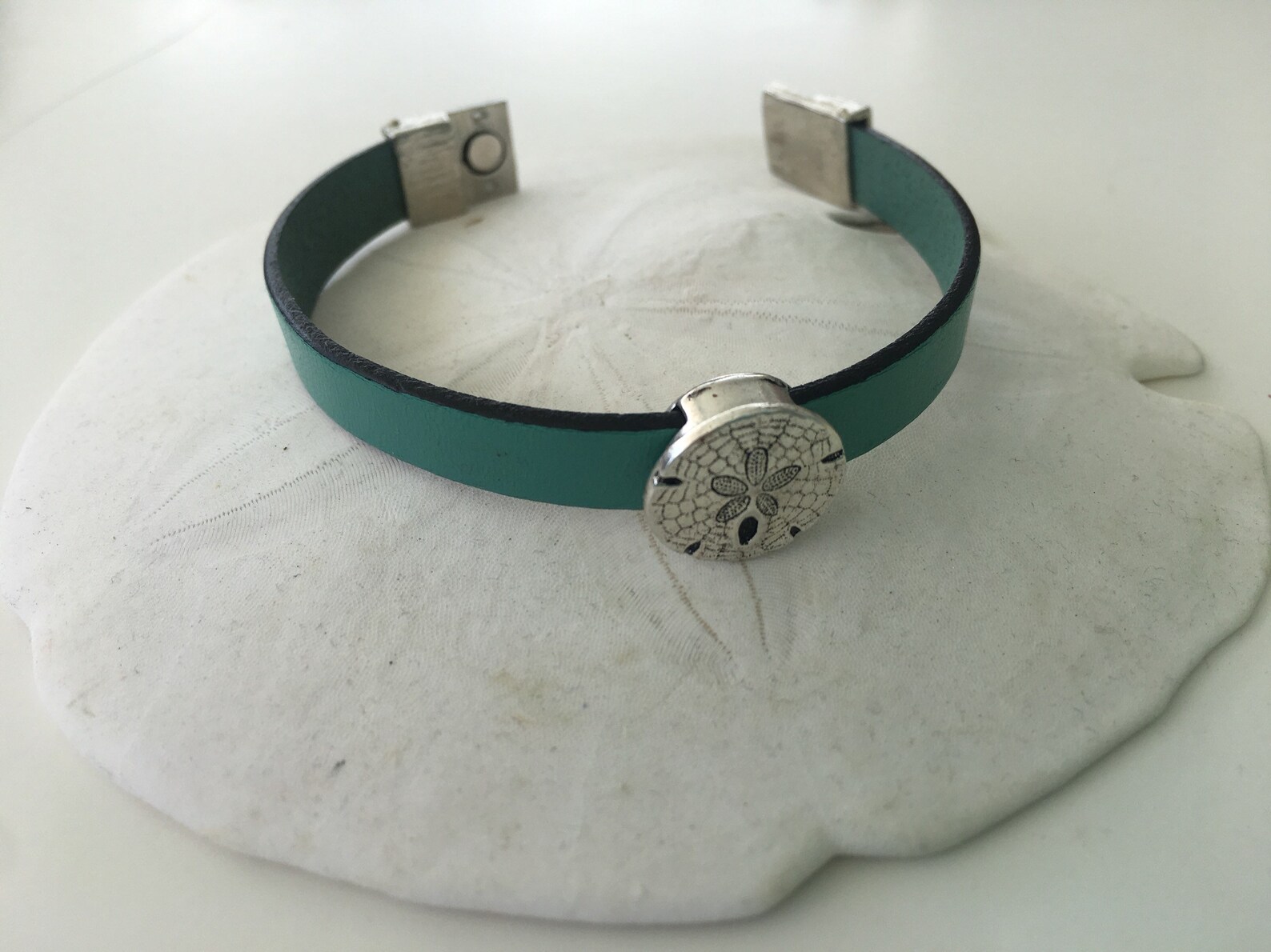 Silver Sand Dollar Slider on Leather Bracelet | Etsy