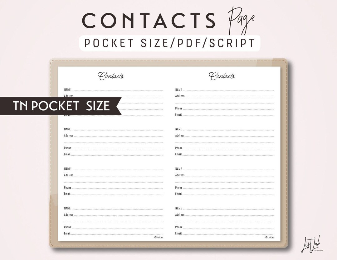 POCKET Size TN Contacts Page - Traveler's Notebook Printable Insert PDF ...