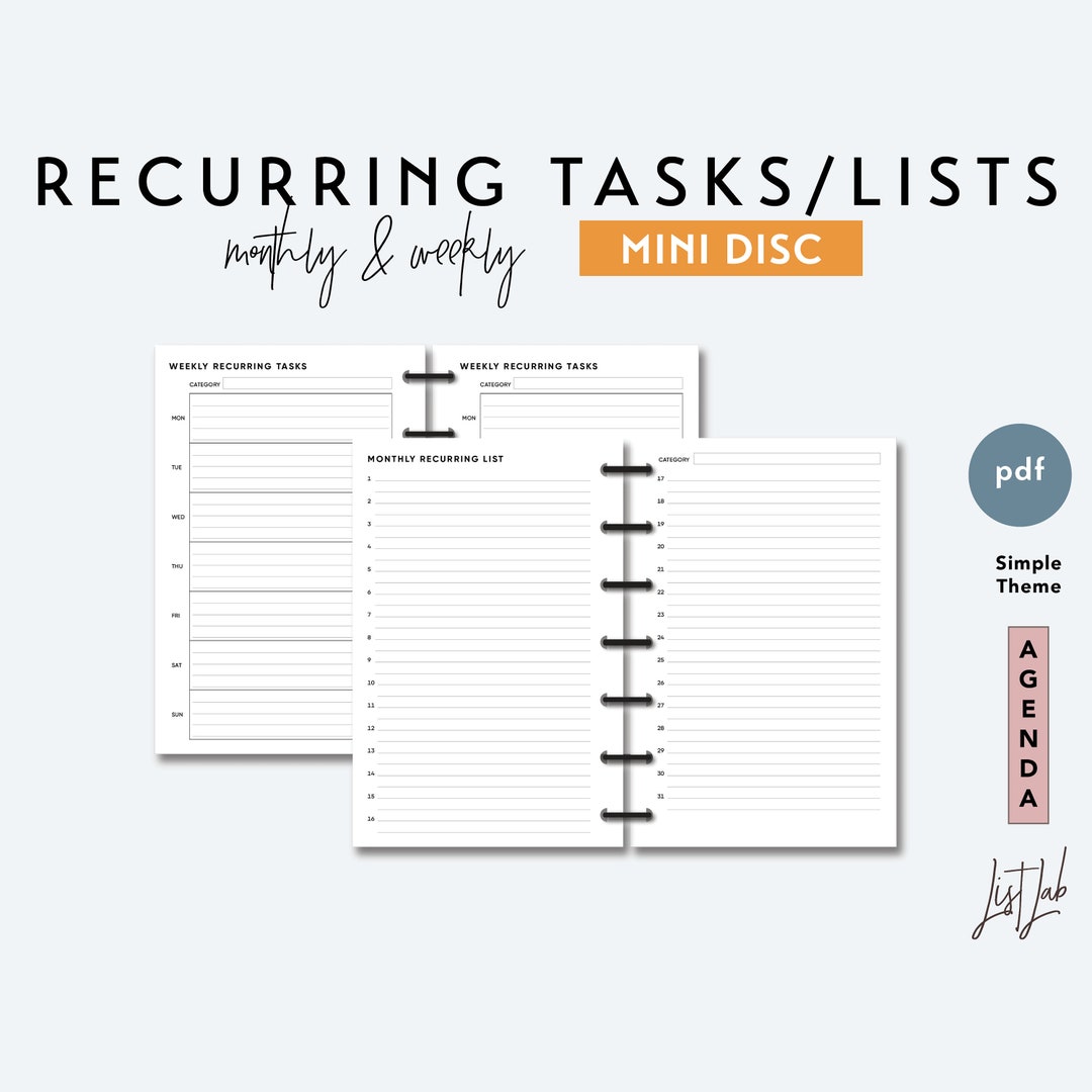 MINI DISC Monthly and Weekly Recurring Tasks and List Set | Printable ...